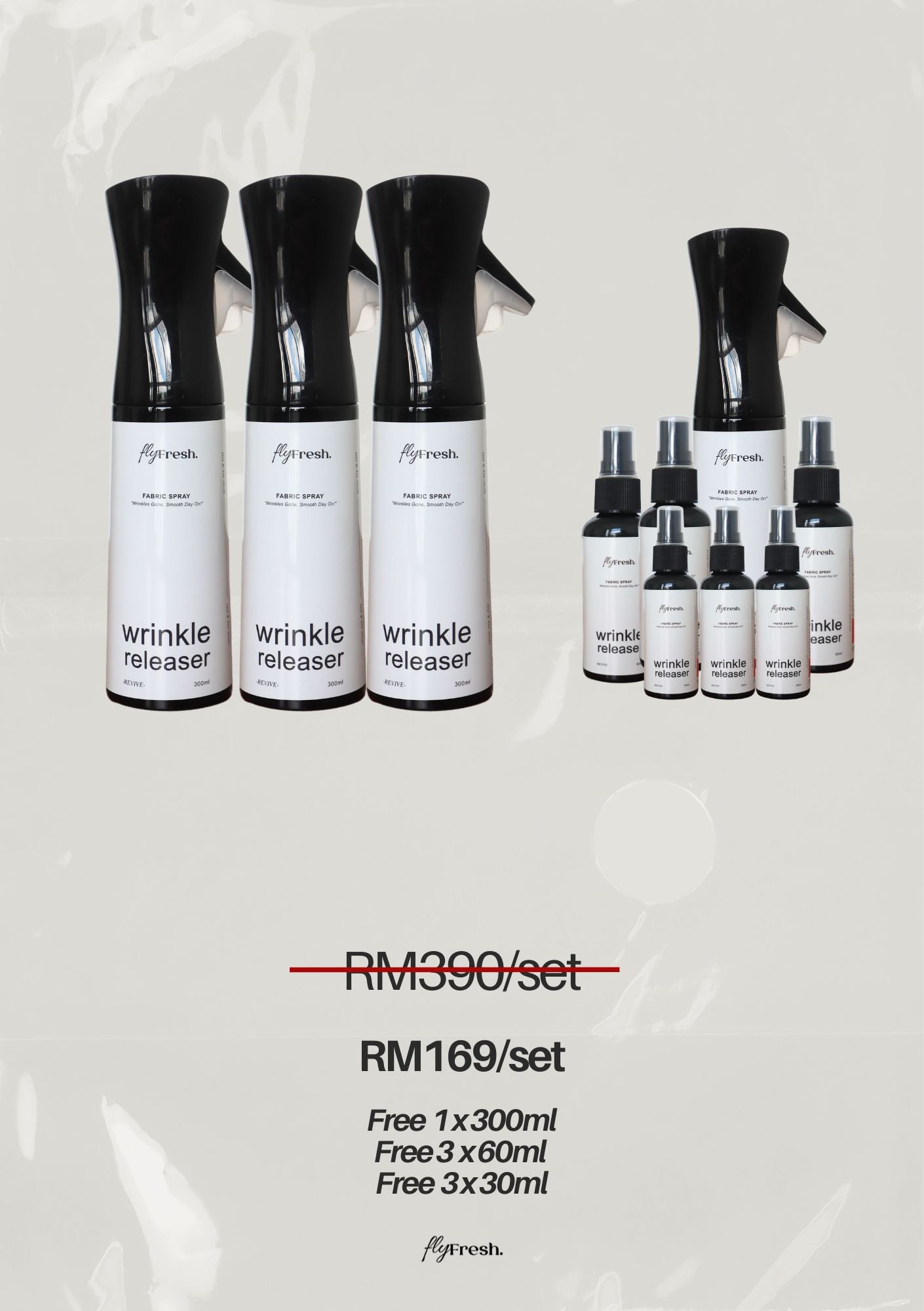 [SET 2] FLYFRESH FABRIC SPRAY -3 x 300ML, free 300MLx1, 60ML x 5 – MARLENE